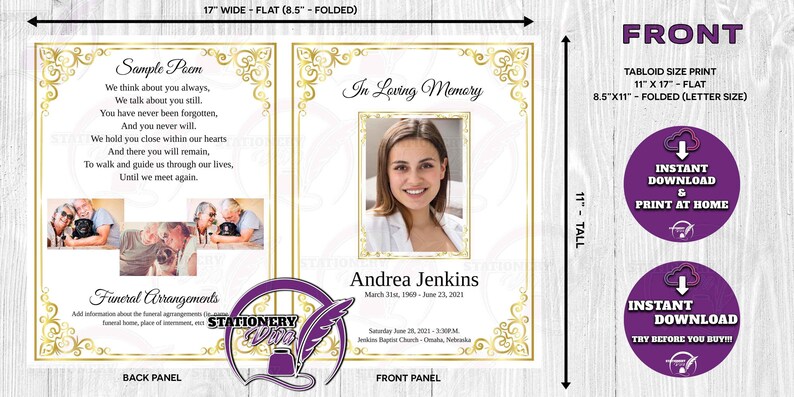 Elegant Gold Border - Editable Funeral Program Template in Loving ...