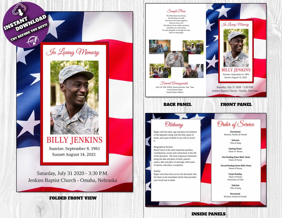 Patriotic Funeral Program Template, Red White Blue, Editable Obituary ...