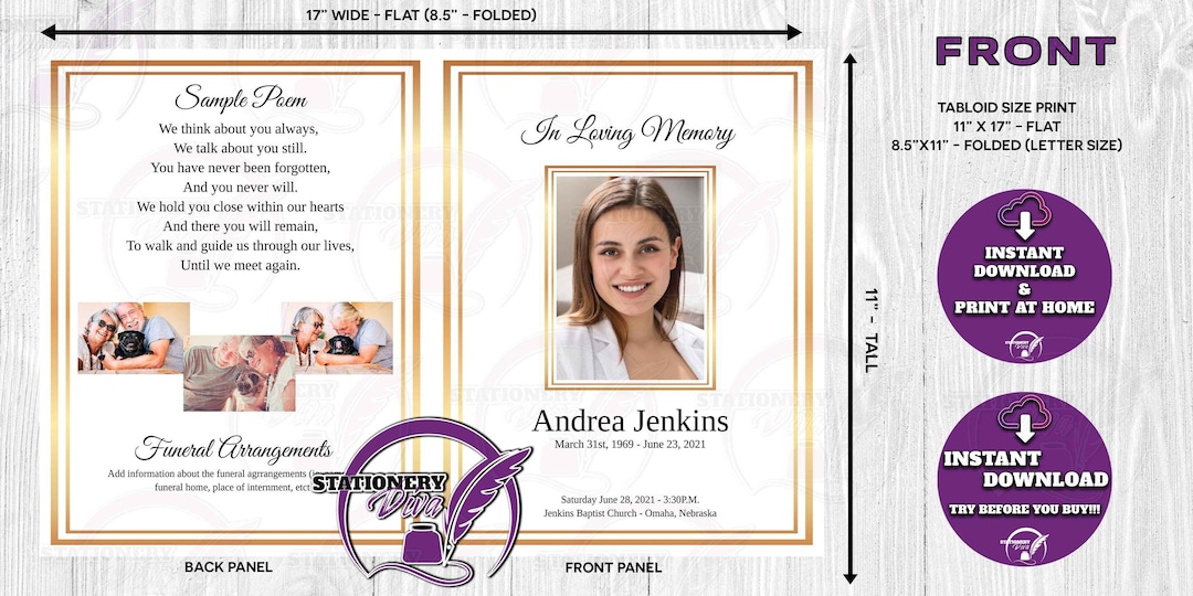Gold Border Funeral Program Template: Editable Memorial (digital ...