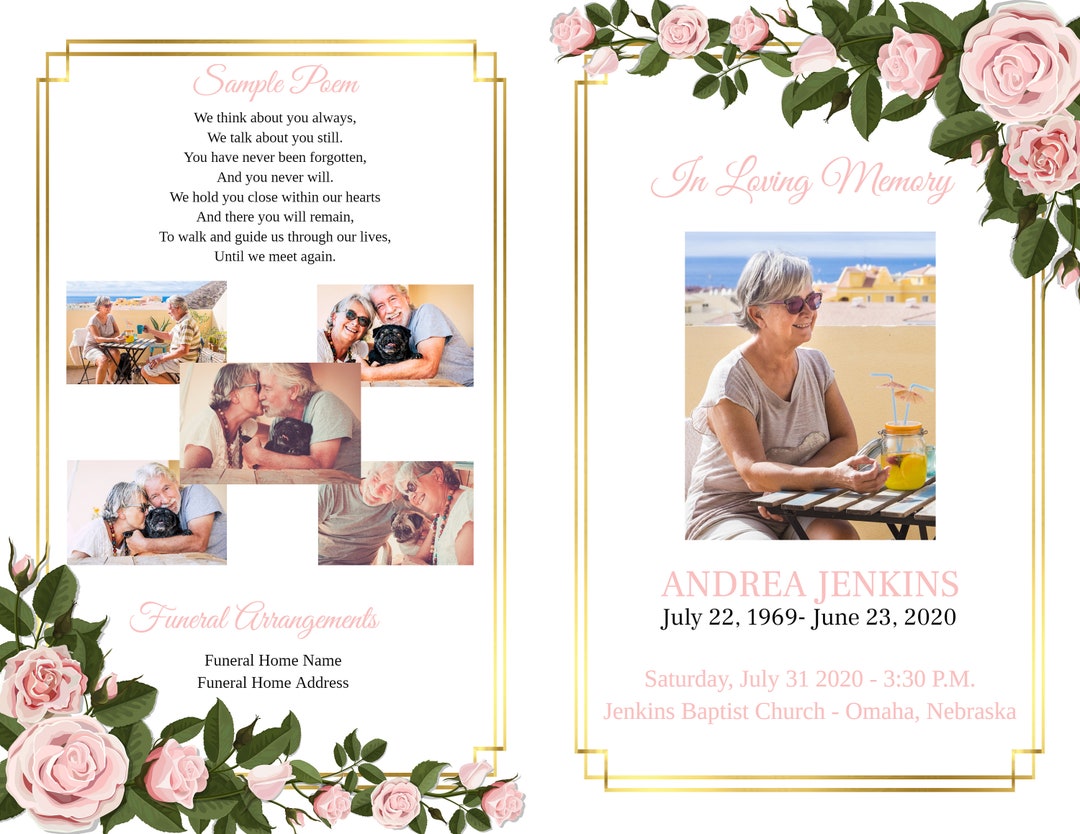 Elegant Pink Roses Gold Border - Editable Funeral Program Template in ...