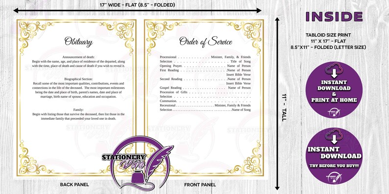 Elegant Gold Border - Editable Funeral Program Template in Loving ...
