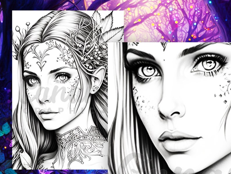 Elf Girl Fantasy Coloring Page, Printable PDF Greyscale Adult Coloring ...