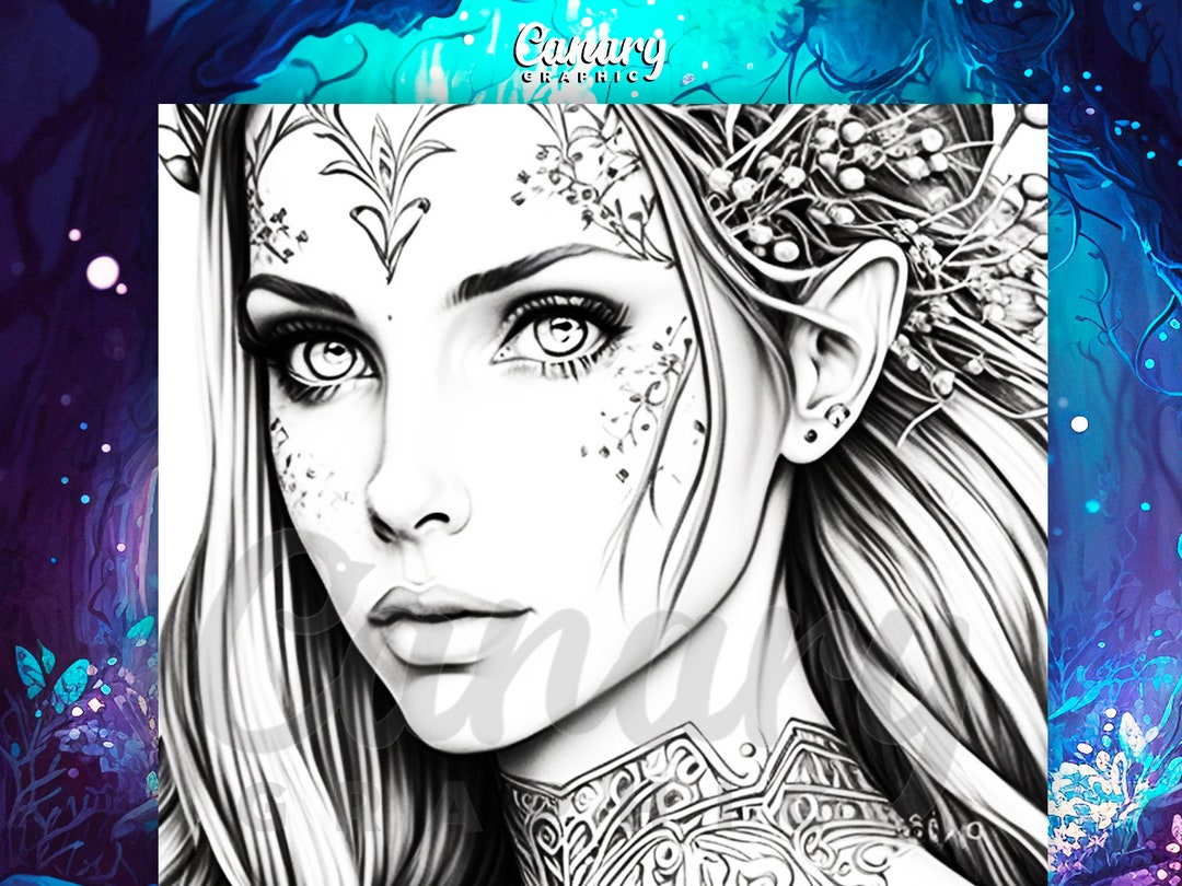 Elf Girl Fantasy Coloring Page, Printable PDF Greyscale Adult Coloring ...