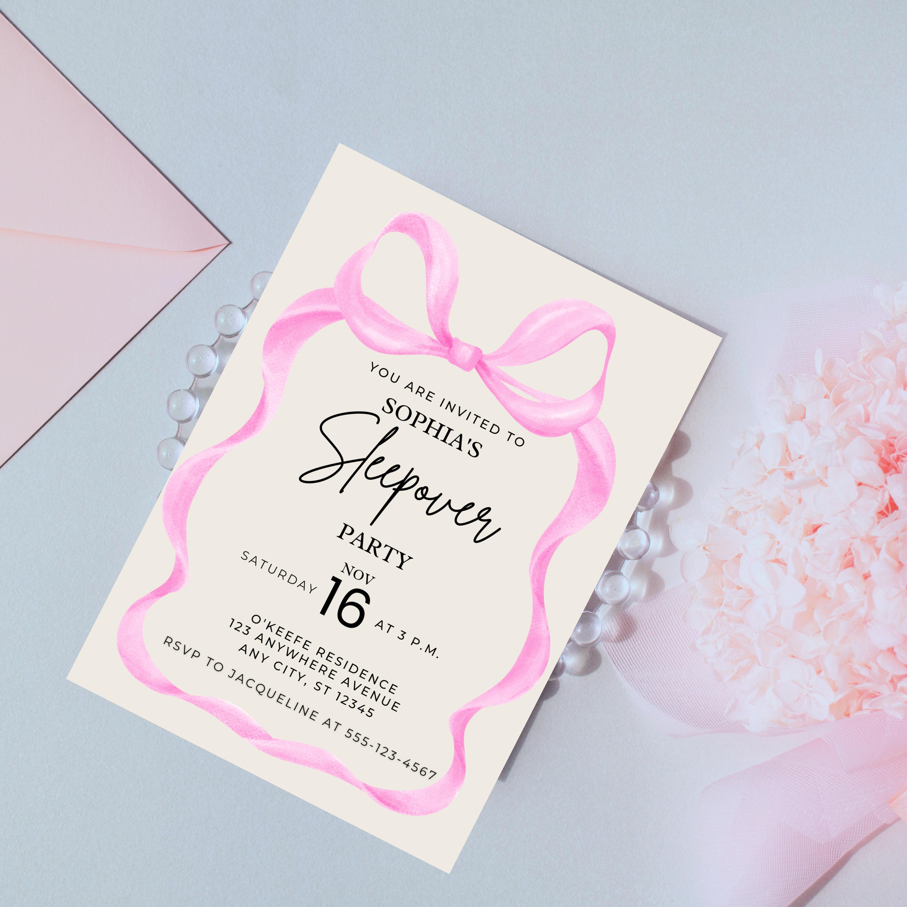 Editable Coquette Sleepover Invitation: Girly Pink Bow (digital ...