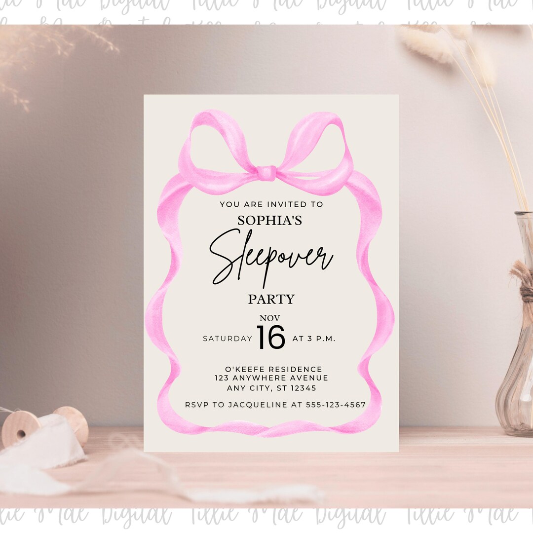 Editable Coquette Sleepover Invitation: Girly Pink Bow (digital ...