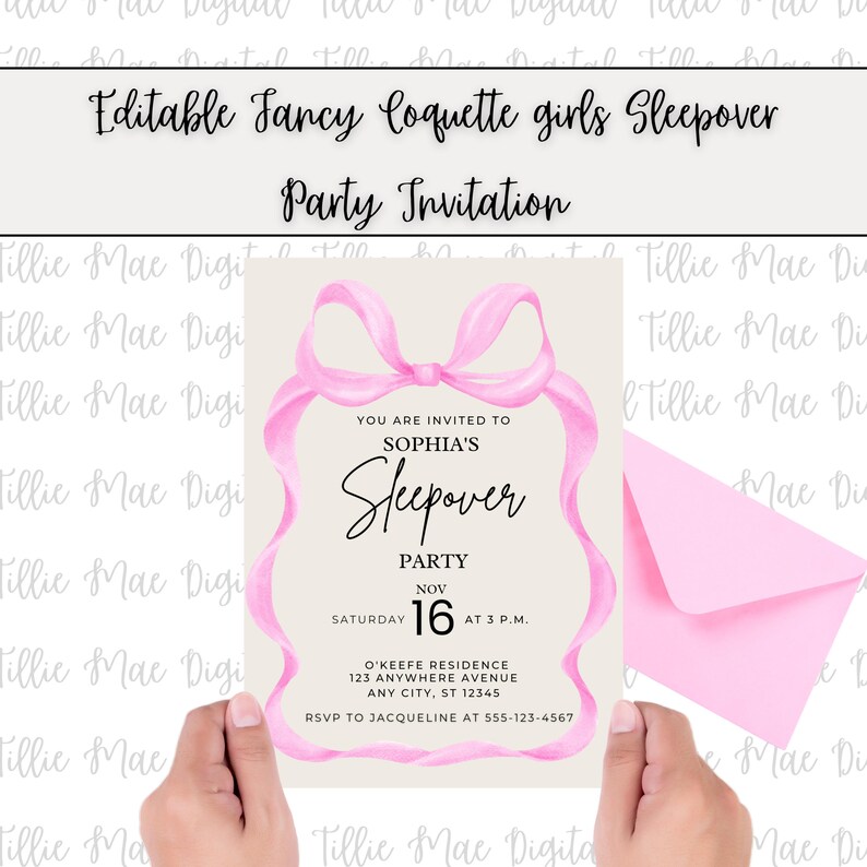Editable Coquette Sleepover Invitation: Pink Bow Party (PDF) - Etsy