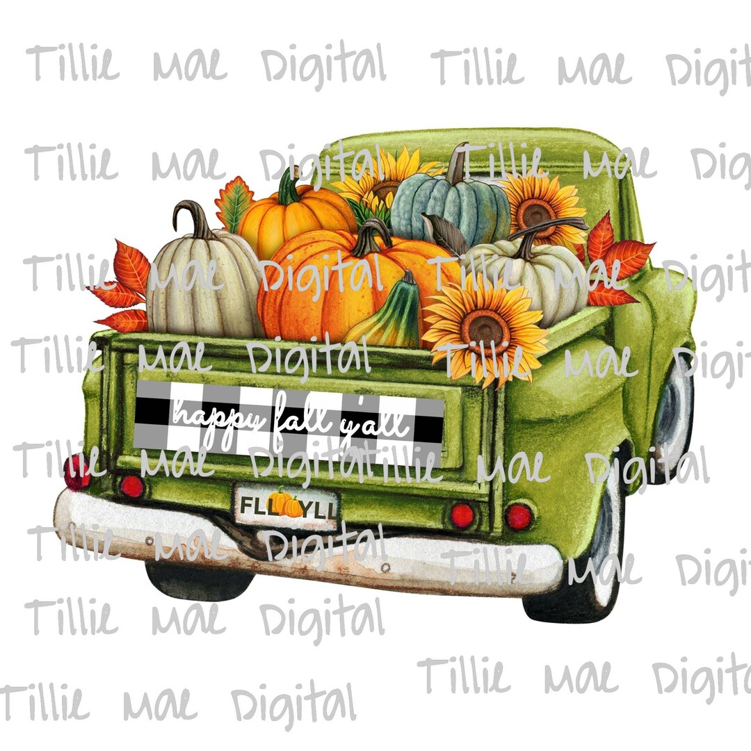 Fall Truck PNG: Pumpkins, Sunflowers, Green Antique Truck (digital ...