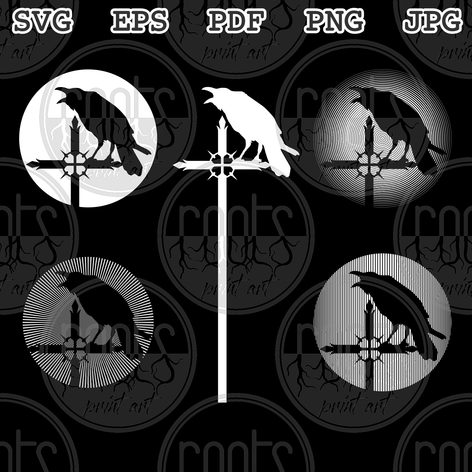 Raven on Cross Bundle SVG, Tattoo, Digital Download, Clipart Vector ...