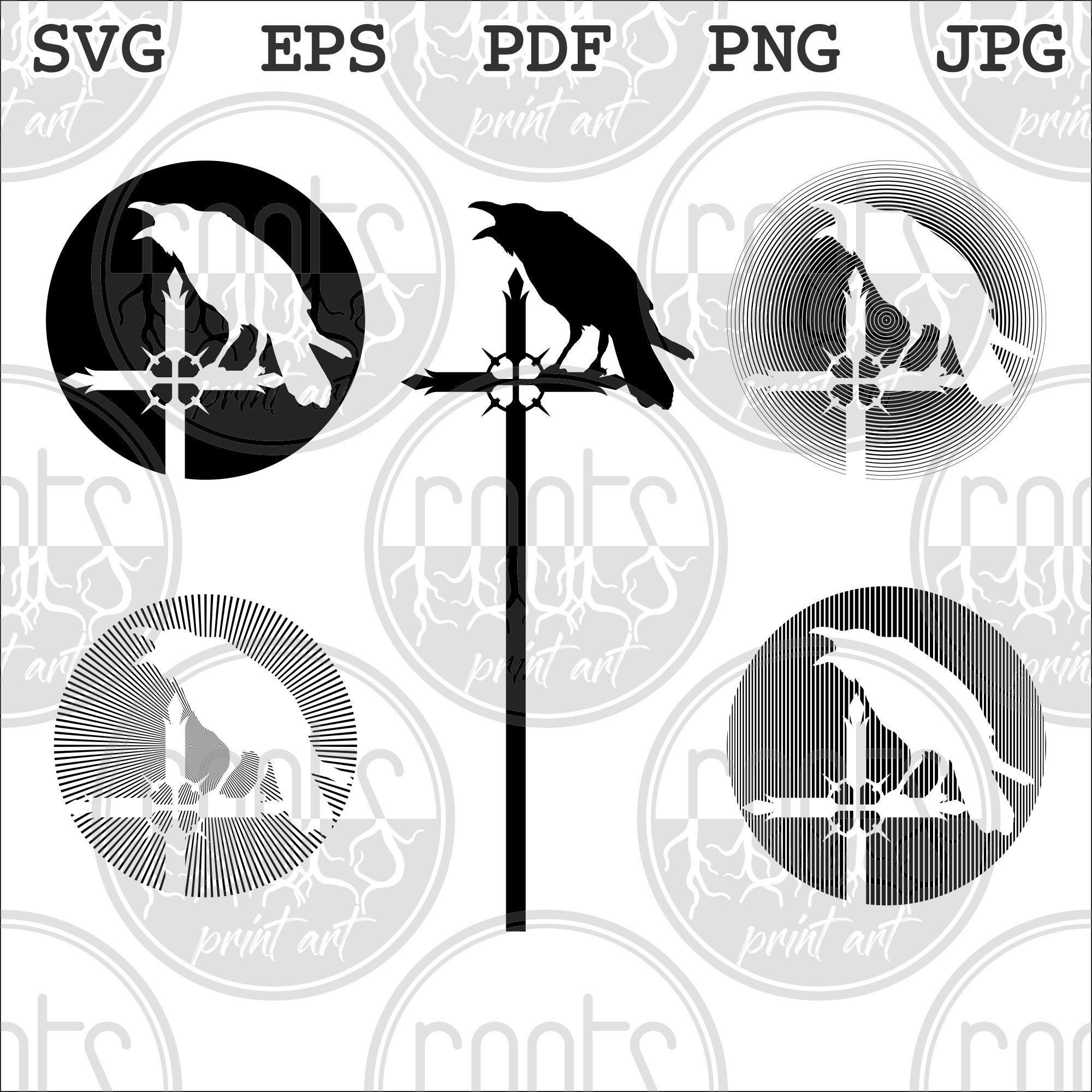 Raven on Cross Bundle SVG, Tattoo, Digital Download, Clipart Vector ...