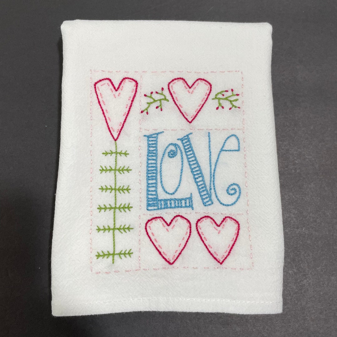 Love Sampler Hand Embroidered Flour Sack Dish Towel, Heart Decorative ...