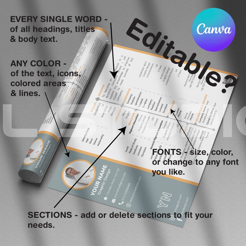 Professional Resume Template Canva With QR Code Editable Modern CV ...