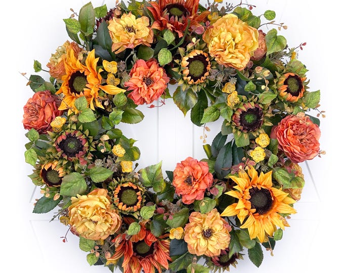 Rustic Fall Sunflower Wreath for Front Door, Autumn Farmhouse Floral ...