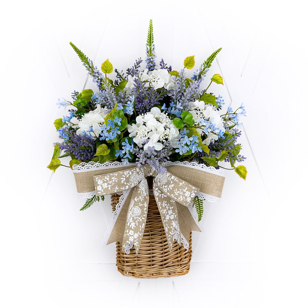 White Hydrangea Hanging Basket for Door, Lavender and Blue Floral ...
