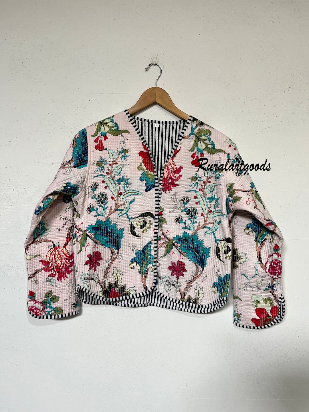 Floral Cotton Quilted Jacket Women Wear, Multicolor Reversible V Neck ...