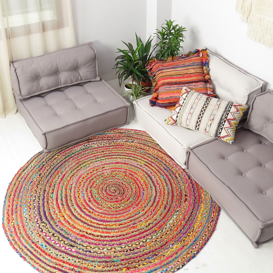 Indian Hand Braided Cotton Jute Rug Home Decor Area Carpet Rug Round ...
