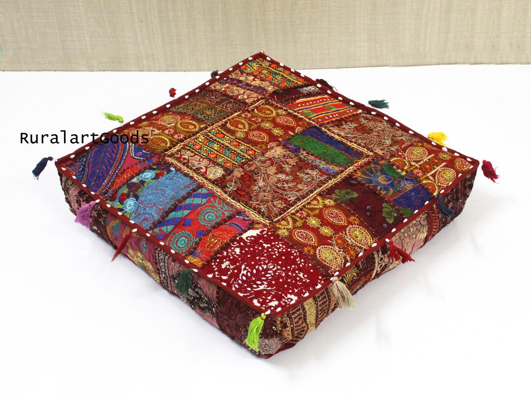 Maroon Patchwork Vintage Unstuffed Cushion Cover, Floor Decorative ...