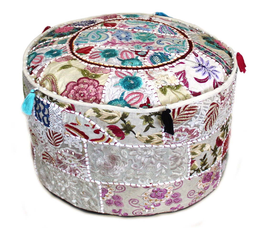 White Patchwork Round Pouf Cover, Bohemian Decorative Vintage Ottoman Chair Pouf, Square Floor ...