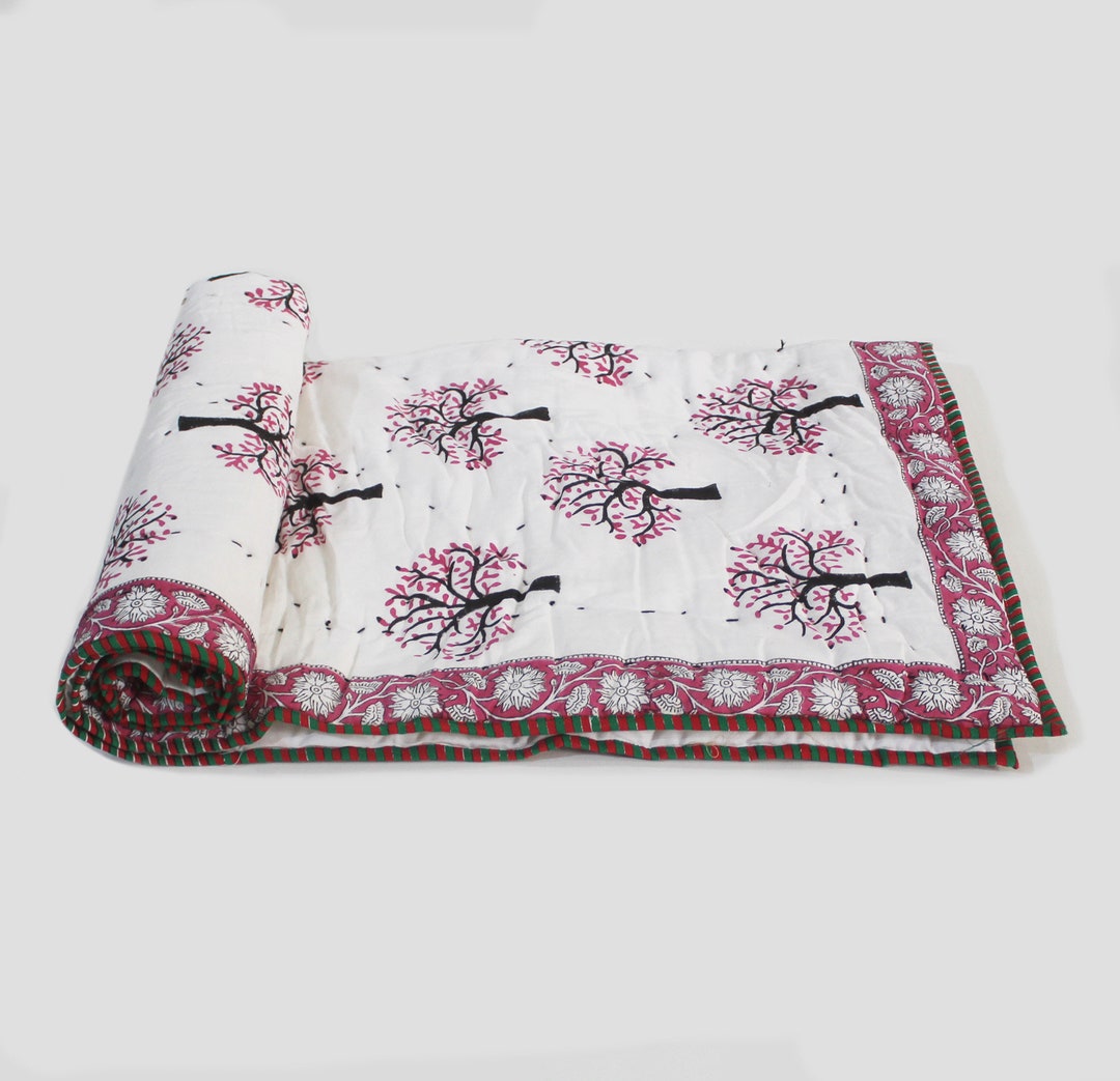 Indian Traditional Tree Floral Hand Block Printed Pure Cotton Filled ...