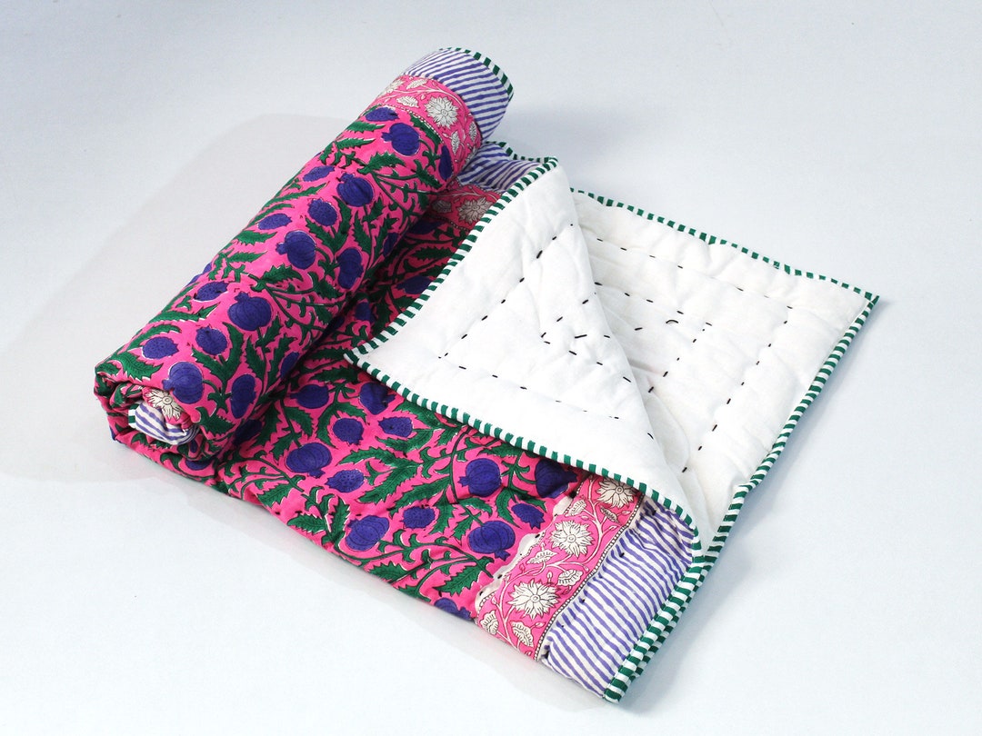 Indian Handmade Block Print Baby Quilt, Multi Pink Floral Printed Pure ...