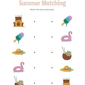 Summertime Matching Worksheets - Etsy