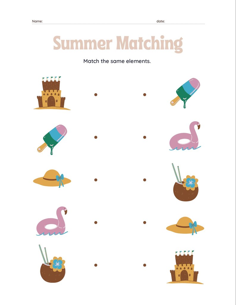 Summertime Matching Worksheets - Etsy