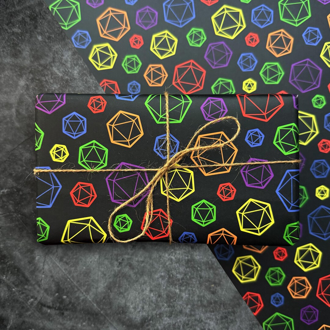 Black and Rainbow D20 Dice Gift Wrap: Dungeons & Dragons Wrapping Paper ...