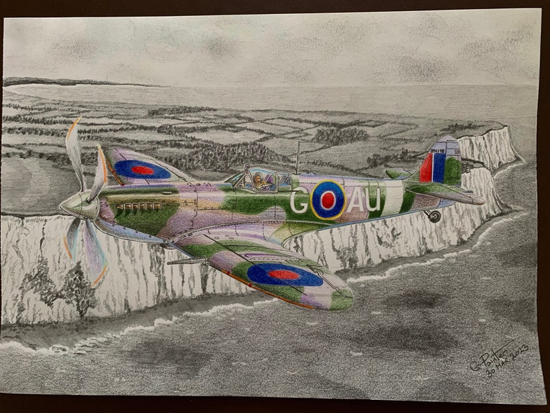 Supermarine Spitfire Over the White Cliffs of Dover. A Fine Art Pencil ...