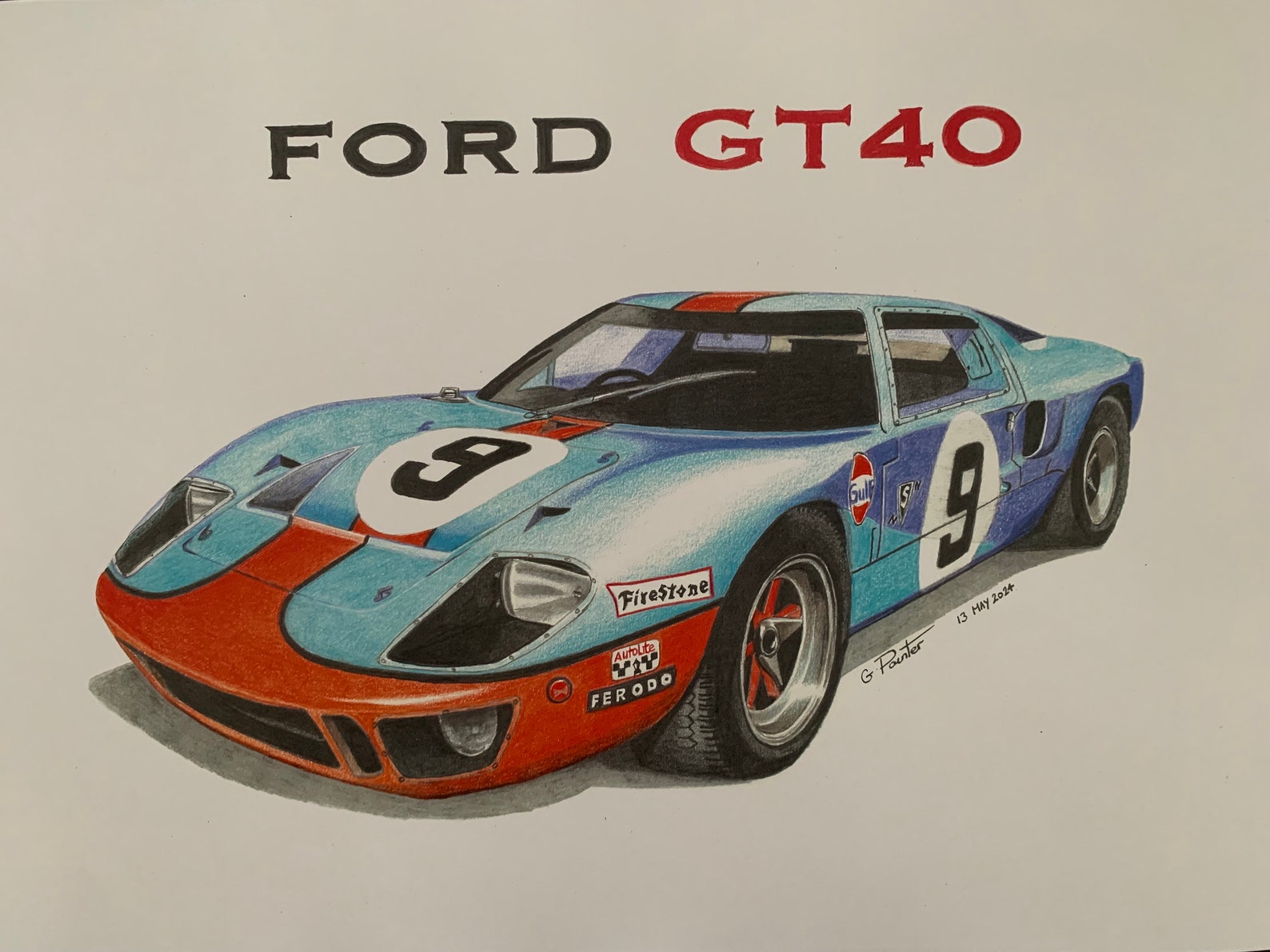 Ford GT40. 1968 Le Mans 24 Hour Race Track Winner. A Fine Art Pencil ...