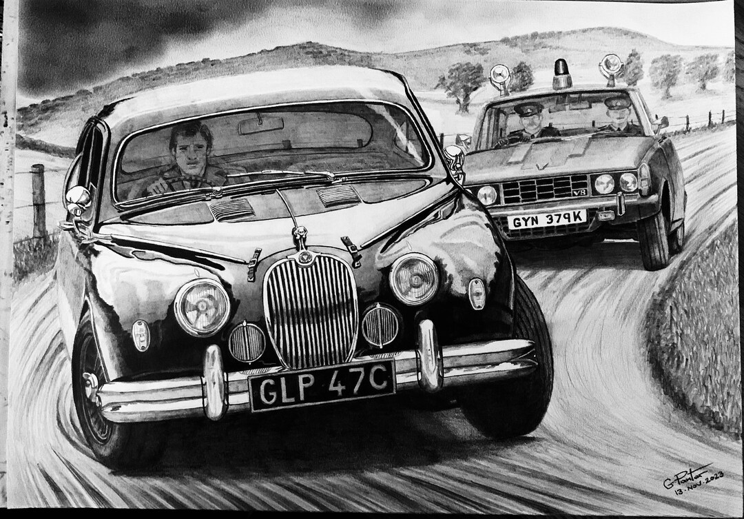 Jaguar Mk2 V Rover P6 Police Chase. A Fine Art Pencil Drawing Print ...