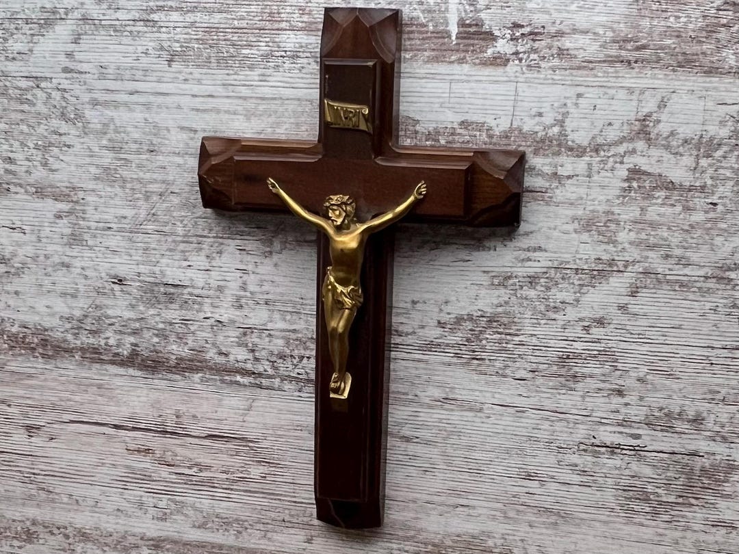 Vintage Sick Call Cross – 13" Dark Wood With Gold Resin Jesus, Original ...