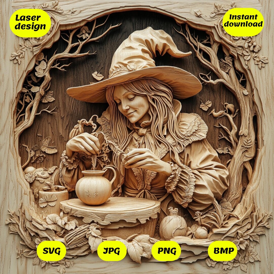 3D Laser Engrave Witch PNG, 3D Illusion, Laser Ready , Laser Burn File ...