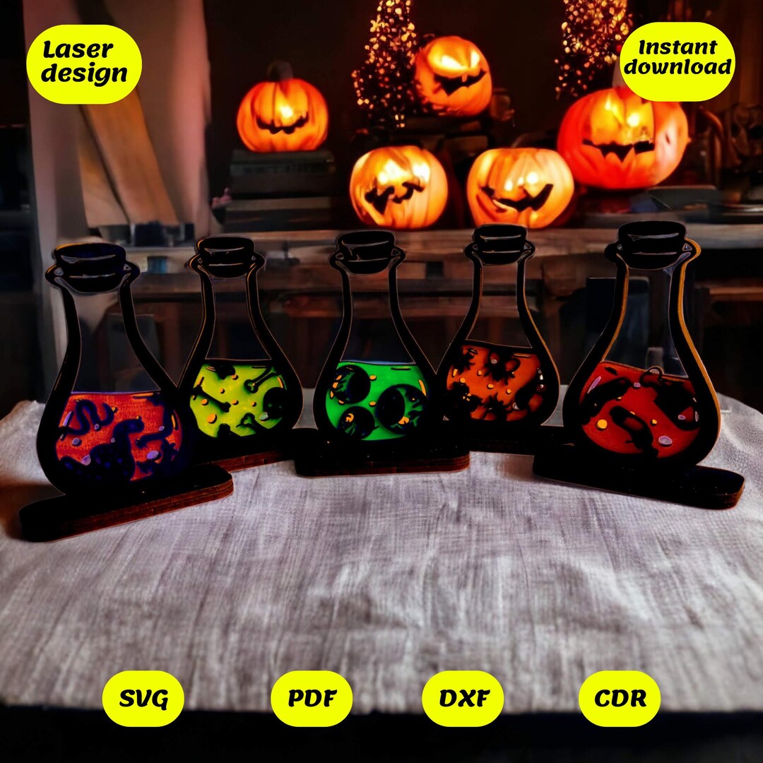 Set of 5 Halloween Potions Ornament Laser Design , Glowforge Svg, Laser ...