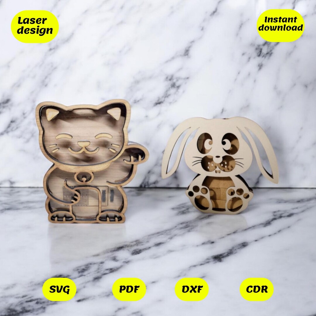 Set of 5 Animal Banks 30 Cm Design for Laser Cut, Digital Files, Cdr ...