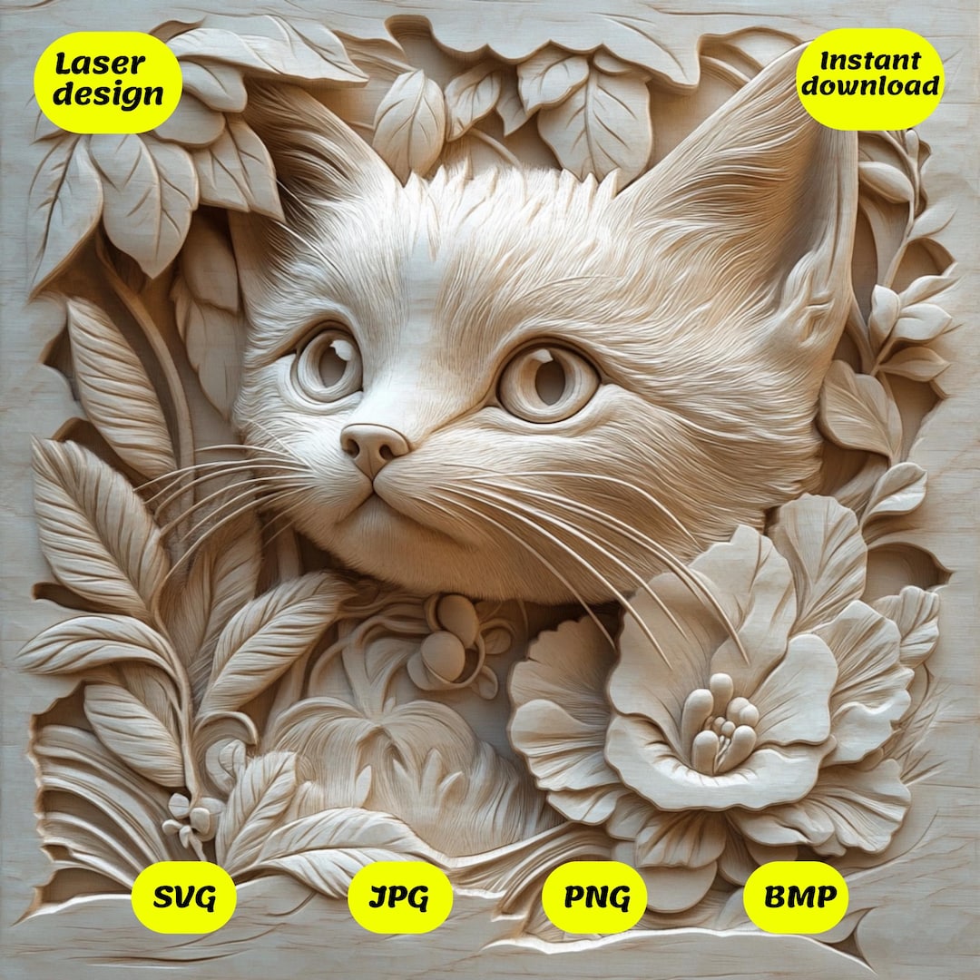 3D Cat Engraving Png | Laser Burn File for Glowforge, Xtool, Lightburn ...