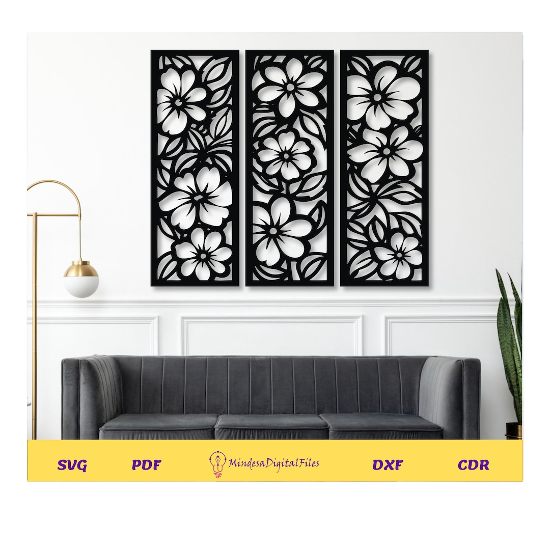 Floral Wall Panels Design for Laser Cut, Sticker Decal, Router, Silhouette Template Cnc, Digital ...