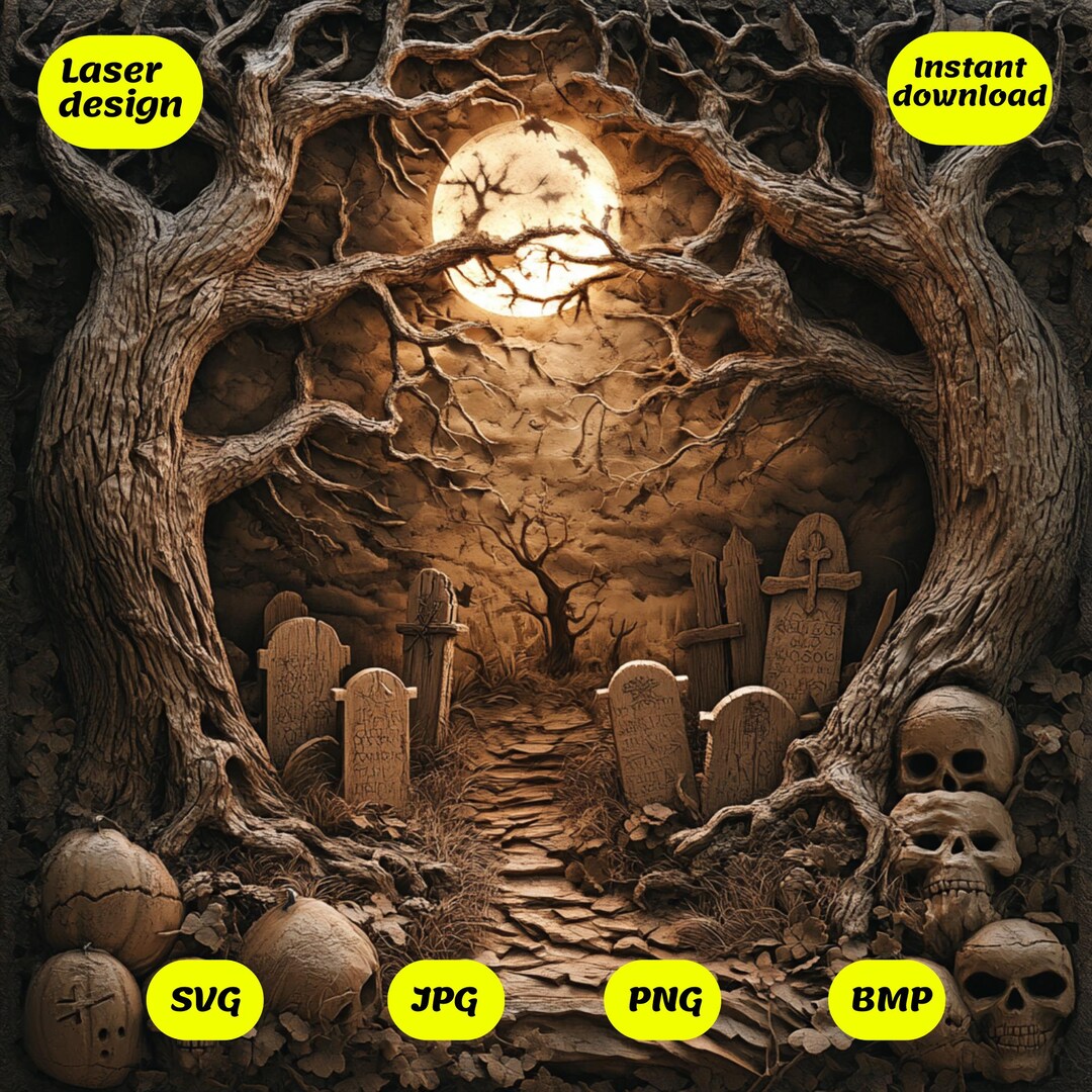 3D Effect Halloween Graveyard Laser Engrave File, Illusion Design (png ...