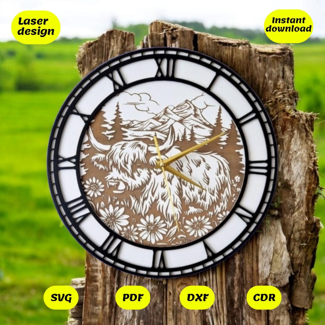 Highland Cow Wall Clock Design for Laser Cutter, Laser Files, Laser ...