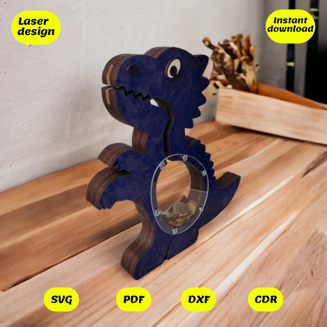 Dino Coin Bank Svg | Dinosaur Money Box Laser Cut File for Kids ...