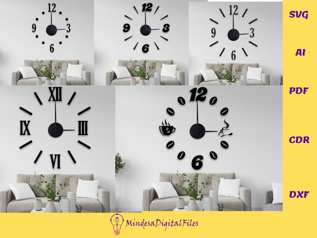 Big Wall Clocks Set of 5 Wall Decor Design for Laser Cut, Digital Files ...