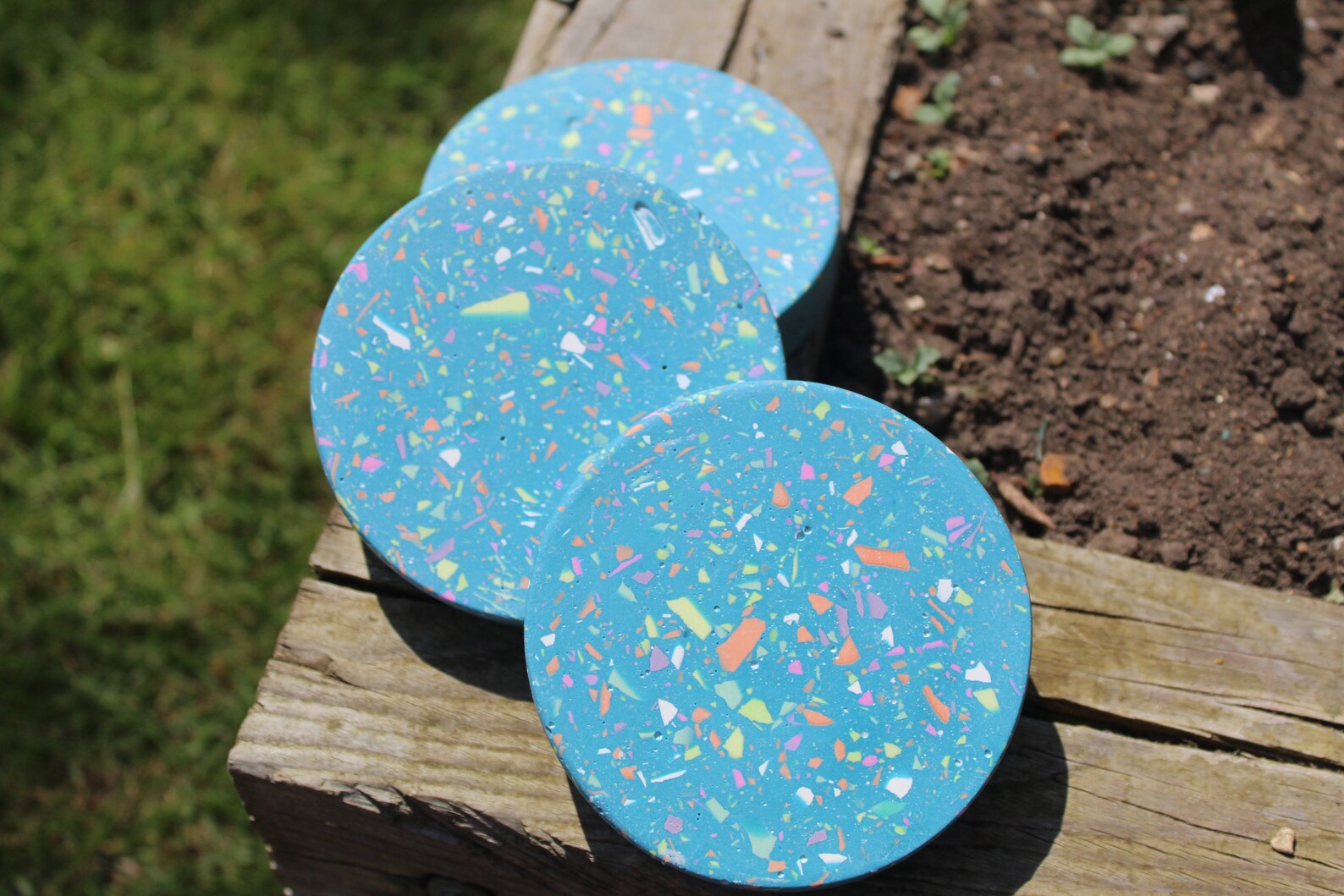 Set of 3 Handmade Bright Terrazzo Turquoise Chunky Jesmonite Coasters ...