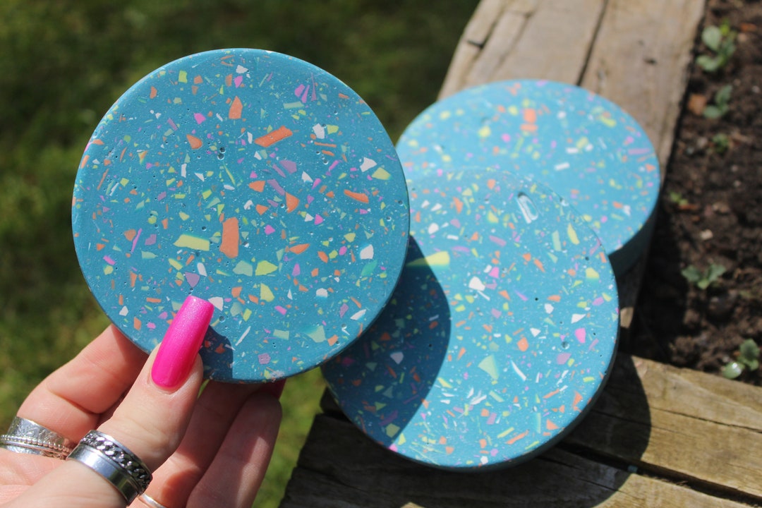 Set of 3 Handmade Bright Terrazzo Turquoise Chunky Jesmonite Coasters ...