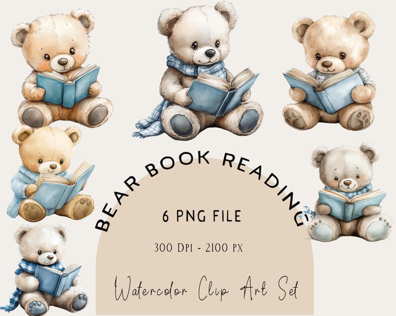 Watercolor Cute Teddy Bear Reading Book Clip Art Cute Teddy Bear