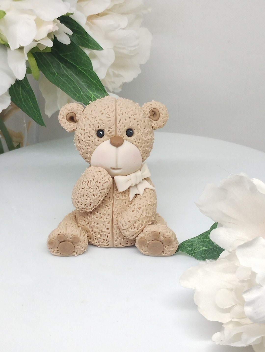 Fluffy Teddy Bear Cake Topper With Bow Fondant Cake Topper Christening ...