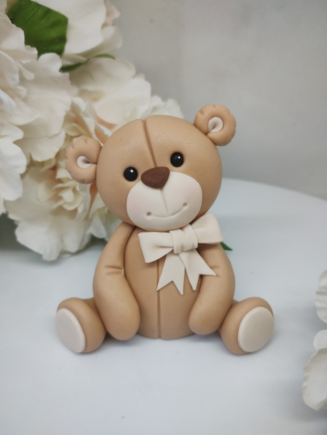 Fondant Teddy Bear Cake Topper With Bow Fondant Cake Topper Christening ...