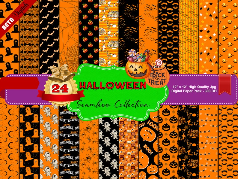 Halloween Digital Papers, Seamless Repeat Pattern, Ghost Pumpkin ...