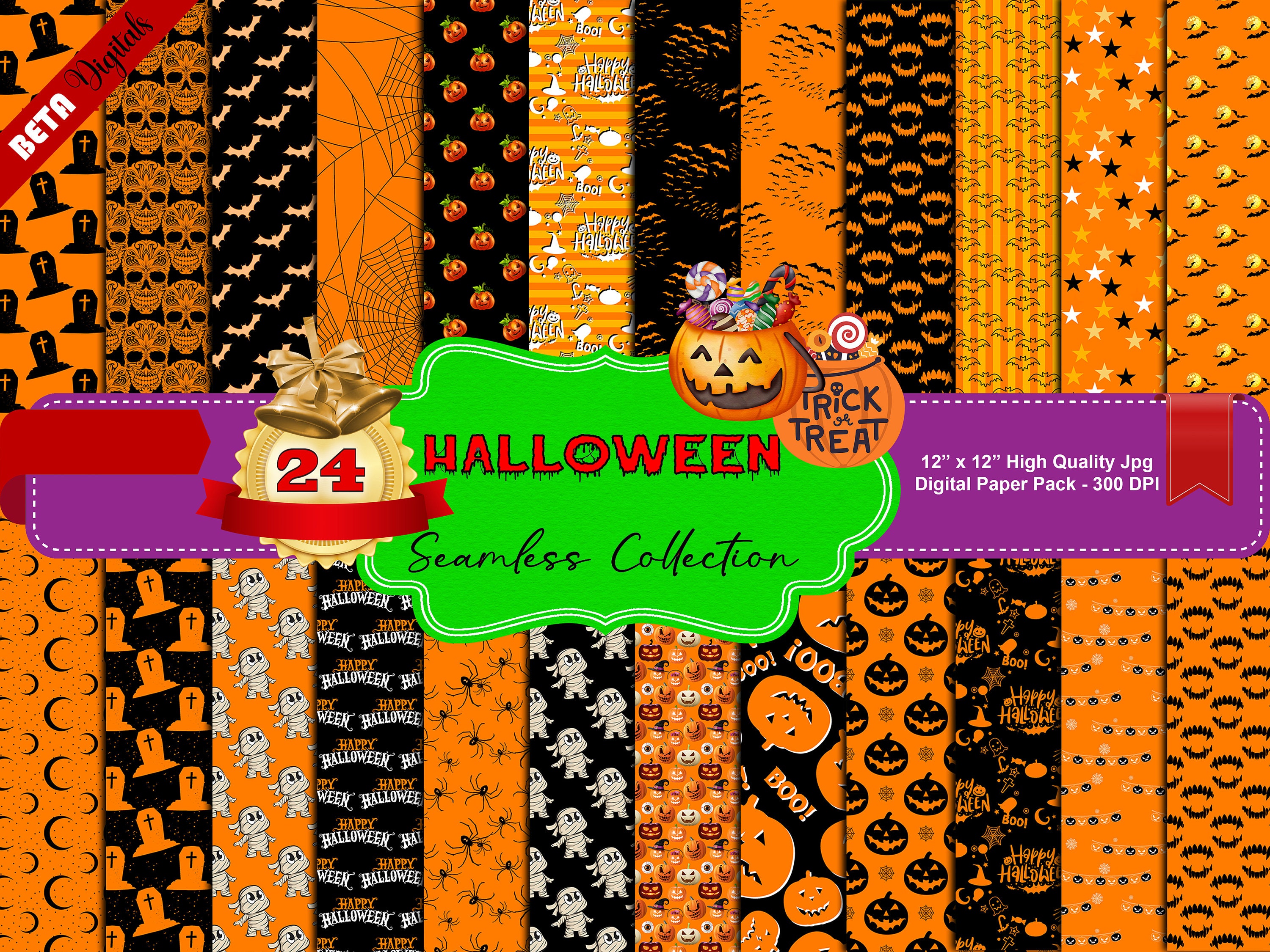 Halloween Digital Papers, Seamless Repeat Pattern, Ghost Pumpkin ...