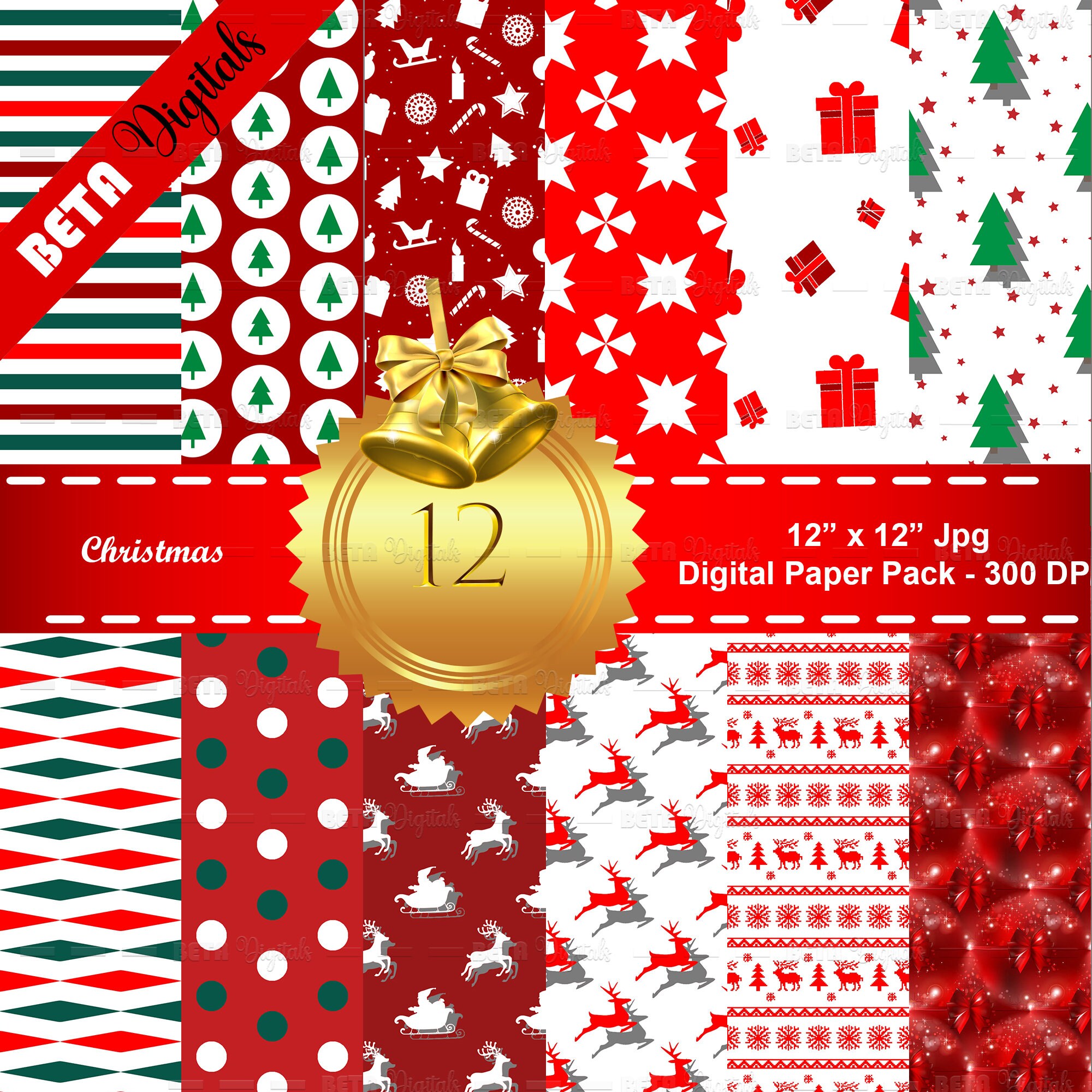 Merry Christmas Digital Paper Pattern, Christmas Digital Printable ...