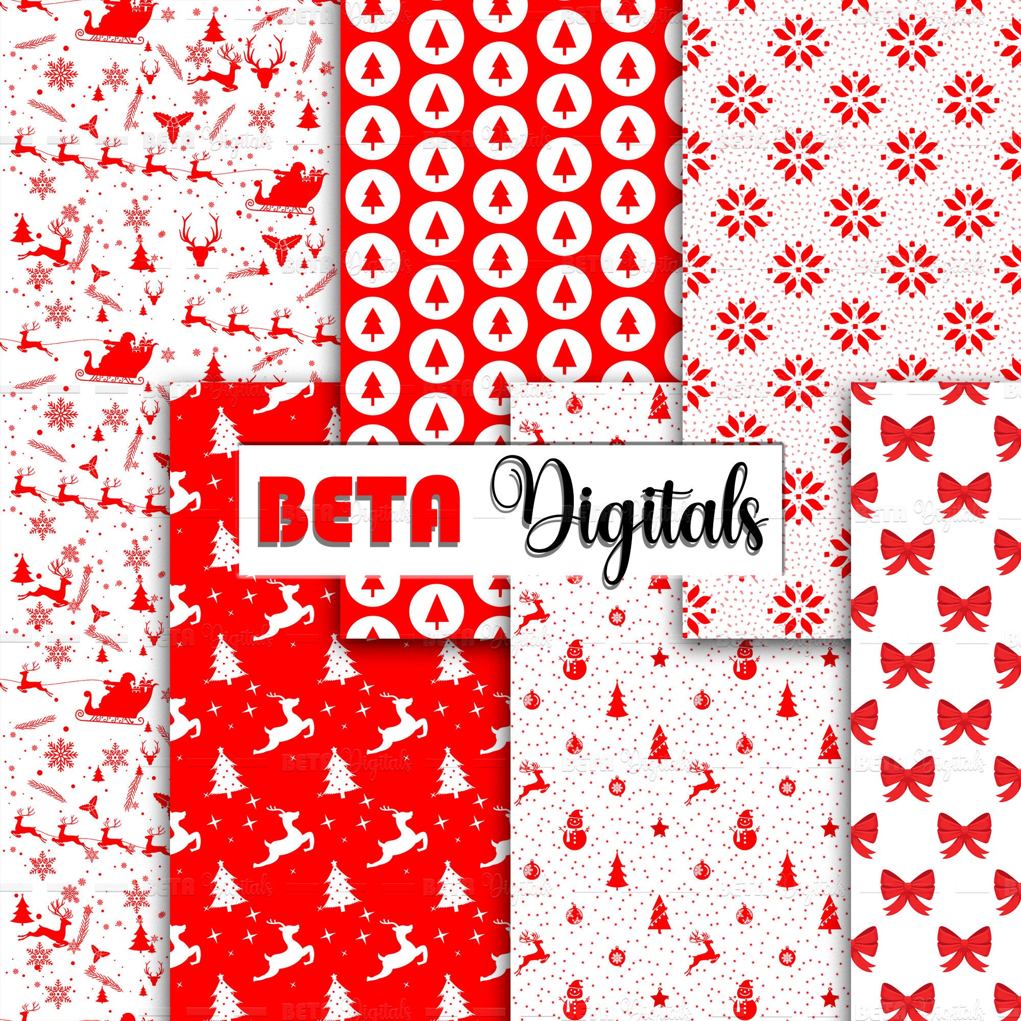 Merry Christmas Digital Paper Pattern, Snowflake, Reindeer, Christmas ...