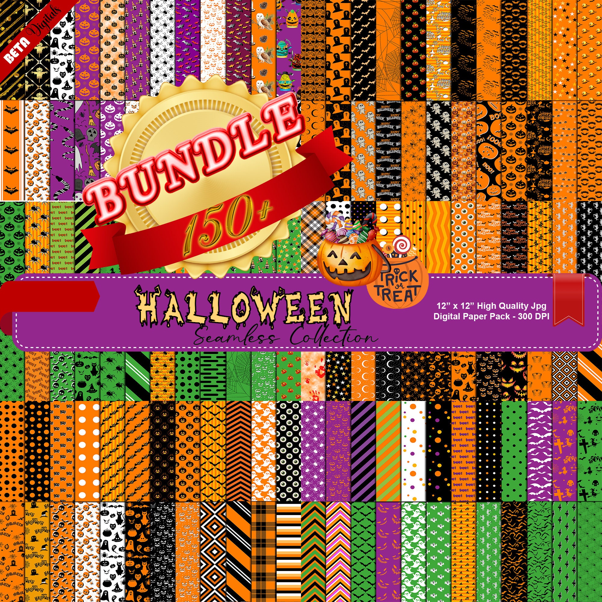 HALLOWEEN BUNDLE (2) 150+, Printable Paper, Digital Seamless Pattern ...