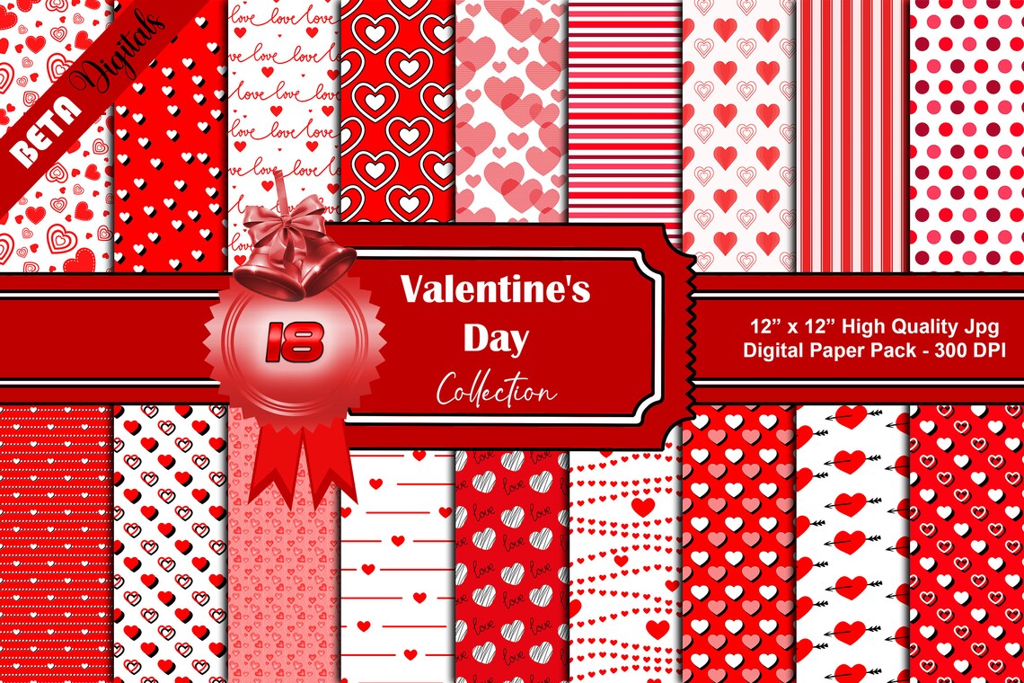 Valentine Digital Papers Valentine Scrapbook Papers Pack Cute Valentine ...